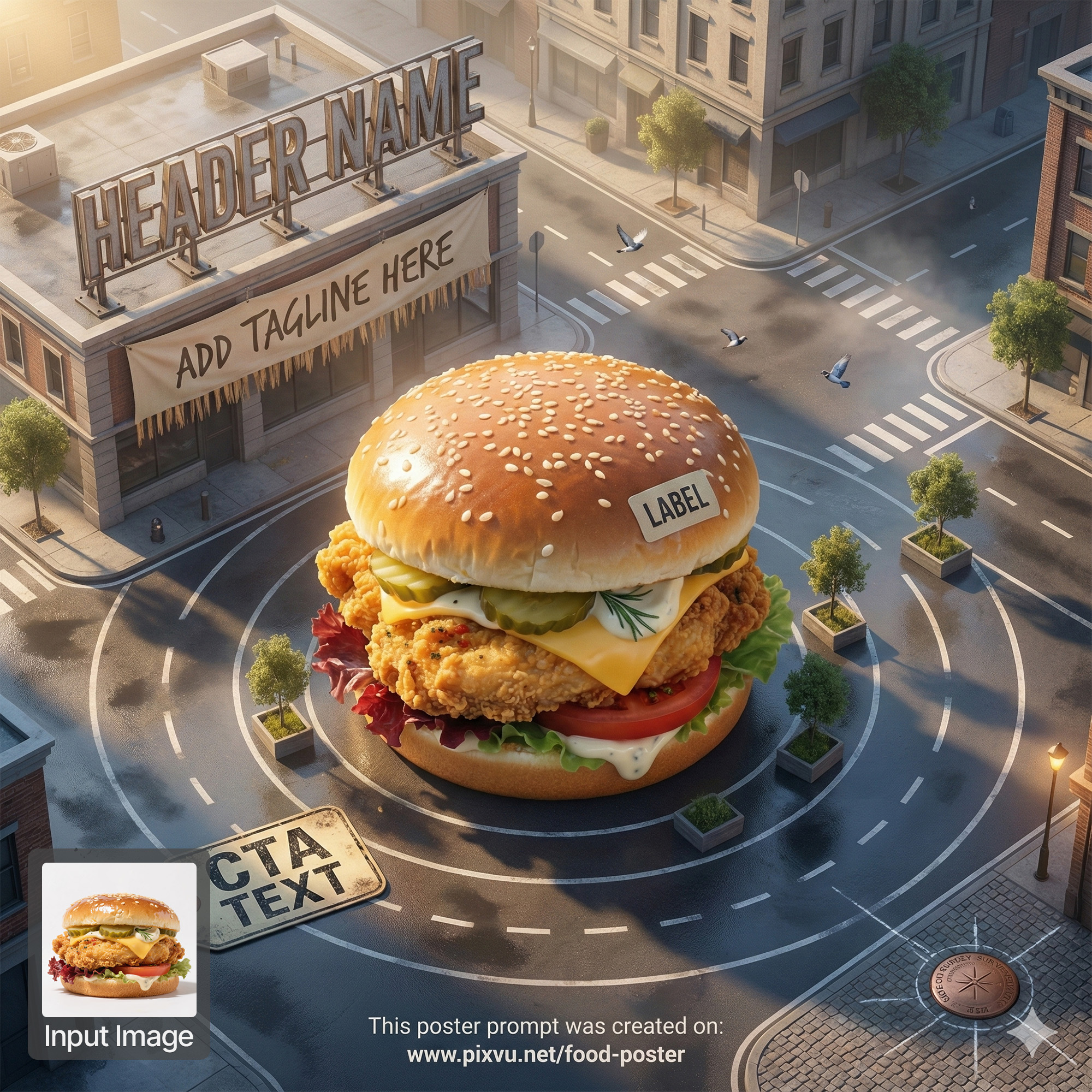 Bird’s-Eye Giant Urban Burger Poster AI Prompt - Pixvu