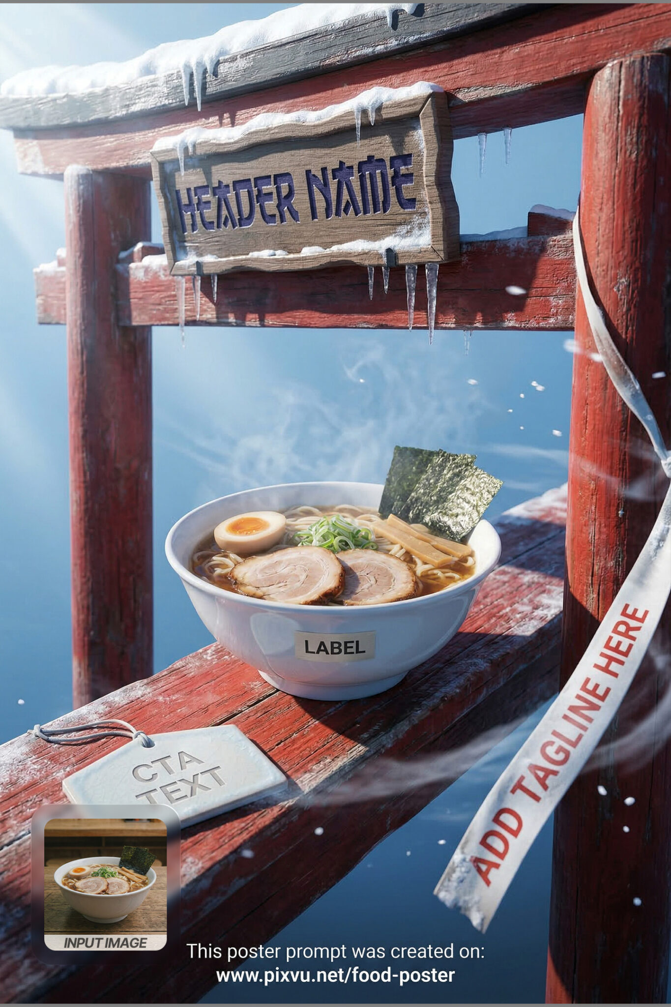 Cinematic Winter Torii Ramen Poster Gemini AI Prompt - Pixvu