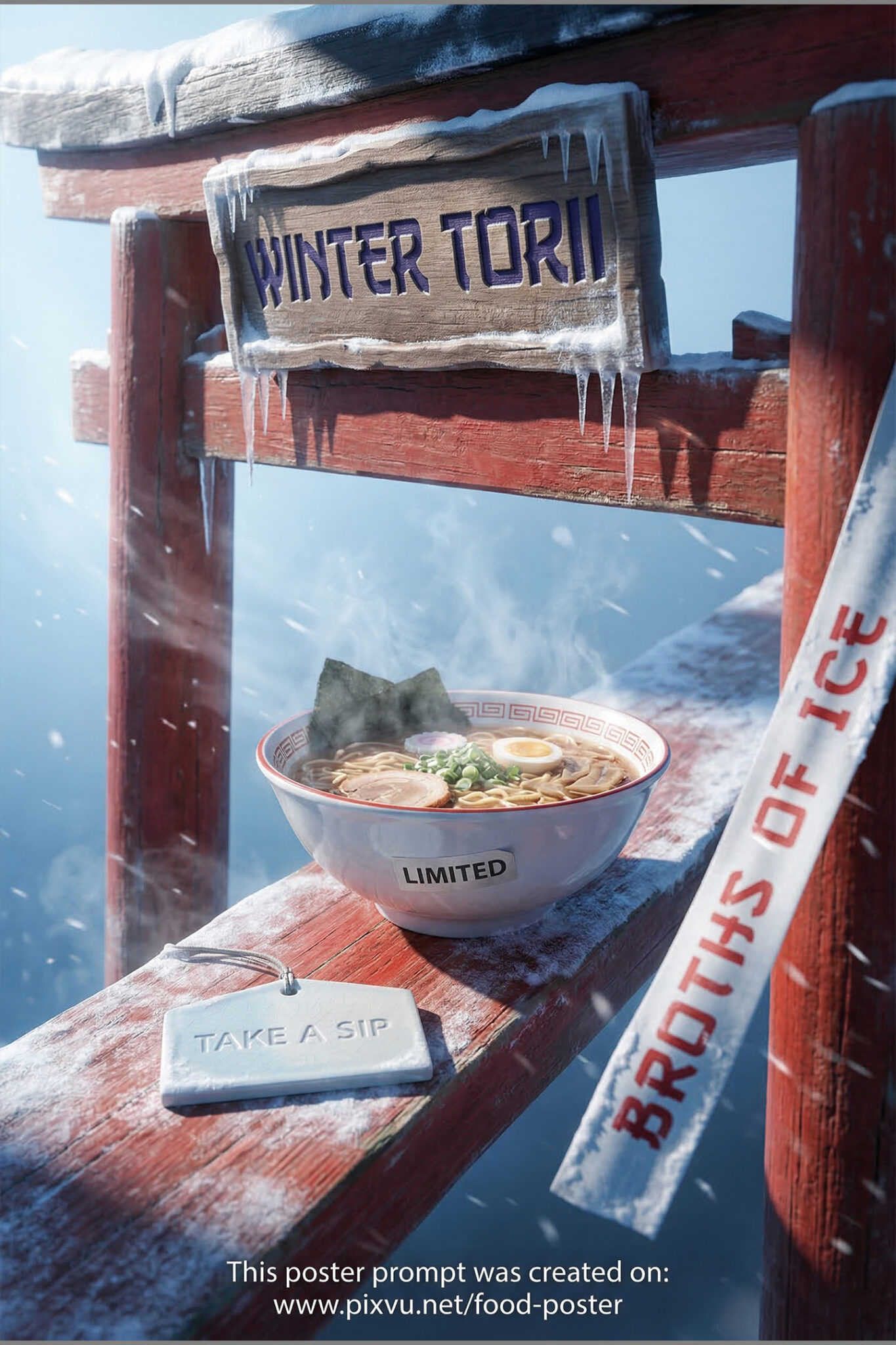 Cinematic Winter Torii Ramen Poster Gemini AI Prompt - Pixvu
